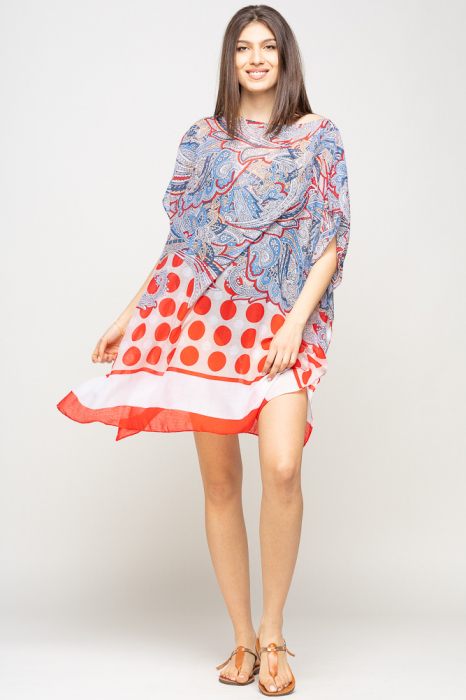 ️Rochie de plaja tip poncho cu motive florale si buline rosii, vascoza
